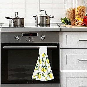 KOCOART Lemon Yellow Kitchen Towels Bathroom Hand Towel Hanging Tie Towel with Loop 2PCS Soft Absorbent Dish Cloth Fingertip Towel for Oven Stove Handle Tabletop