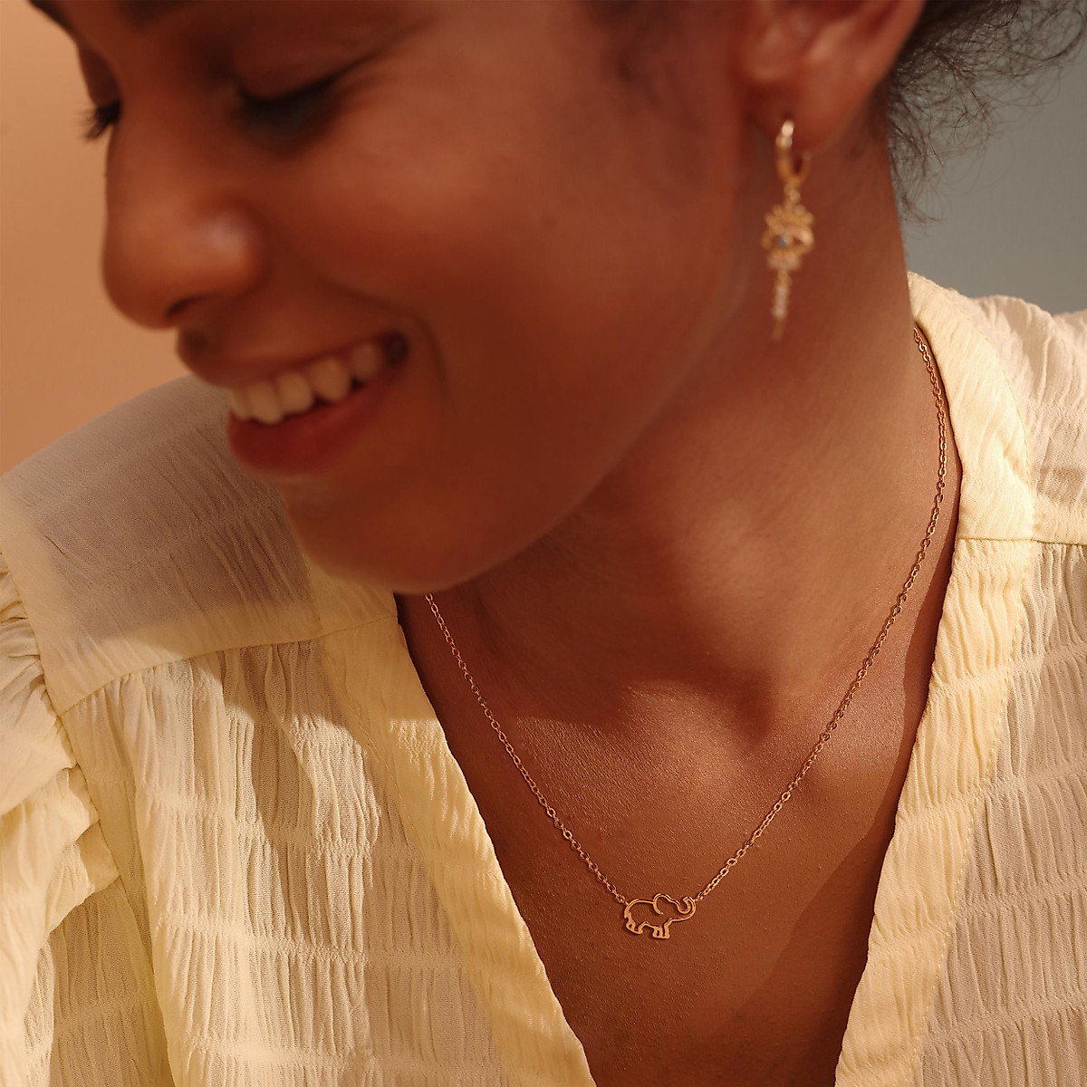 Fettero Elephant Necklace for Women Gold Open Pendant Dainty Chain 14K Gold Plated Minimalist Simple Cute Animal Jewelry Gift