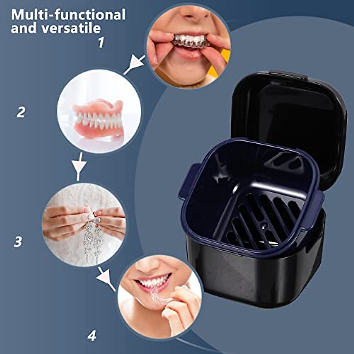 Yardwe Denture Bath Case Cup Box Portable False Teeth Holder Storage Soak Container Orthodontic Retainer Case with Strainer Basket for Travel Cleaning Black