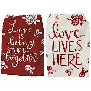 2 Piece Valentine Themed Towel Bundle - Sentiments Read Love Lives Here and Love Is Being Stupid Together