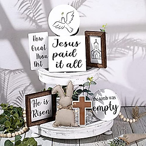 8 Pieces Christian Easter Decorations Farmhouse Religious Easter Tiered Tray Decor He Is Risen Wooden Signs Bunny for Rustic Home Kitchen Table Coffee Bar Decor