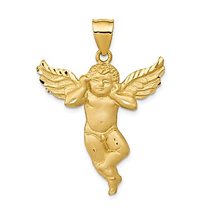 Solid 14k Yellow Gold Angel not listening Brushed Matte Finish Pendant Charm - 38mm x 28mm