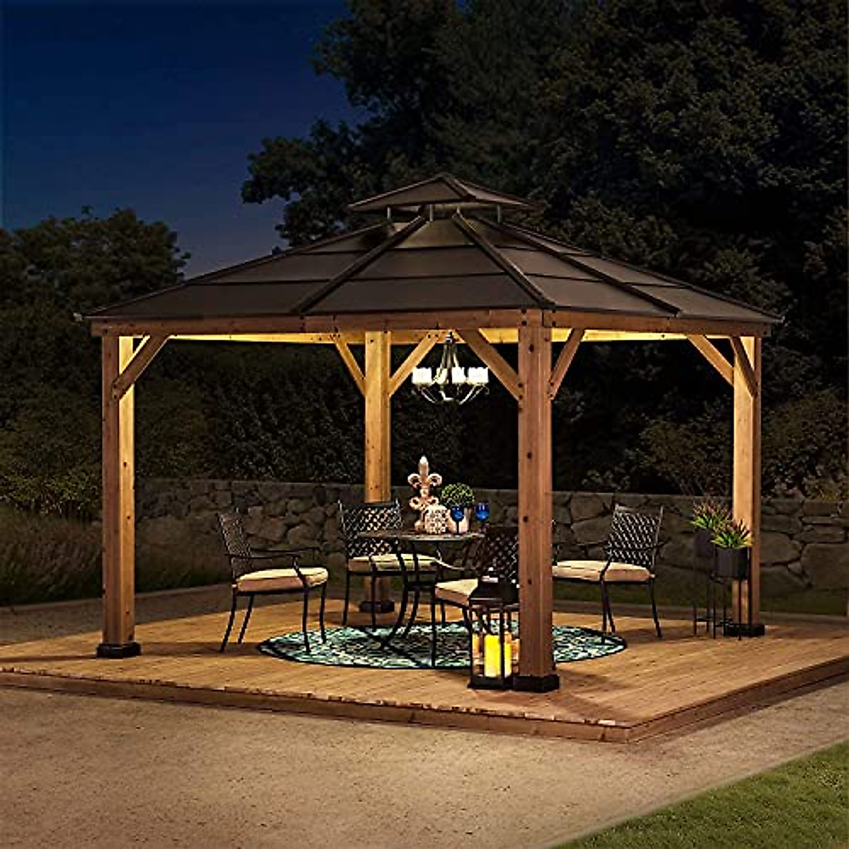 Sunjoy 11' X 11' Cedar Framed Wood Gazebo with Brown Double Steel Hardtop Roof Permanent Canopy for Garden, Backyard Shade, 11 x 11 ft-Chapman