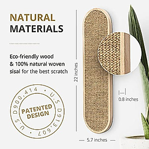7 Ruby Road Wall Mounted Cat Scratching Post - Wall Mount Wooden Sisal Cat Scratcher - Vertical Scratch Pad for Indoor Cats or Kittens - Cute Modern Cat Wall Furniture (22 x 5.7 inches)