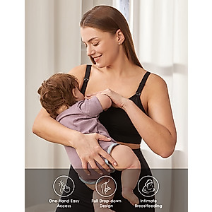 HOFISH 3PACK Full Bust Seamless Nursing Maternity Bras 3Pack Black,Grey,Elegant Pink Large