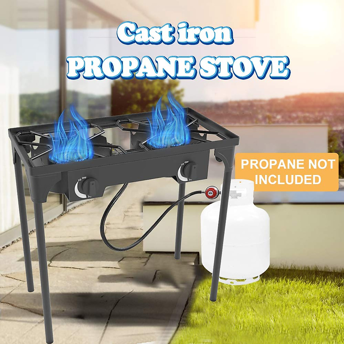 Outdoor & Indoor Portable Propane Stove, Single & Double Burners with Gas Premium Hose, Detachable Legs for Backyard Kitchen, Camping Grill, Hiking Cooking, Outdoor Recreation (DB02-Large,2 Burners)