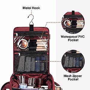 WANDF Hanging Toiletry Bags for Full Size Toiletries Travel Makeup Bag Cosmetic Organizer Shower Bathroom Bag for Women(Red L)