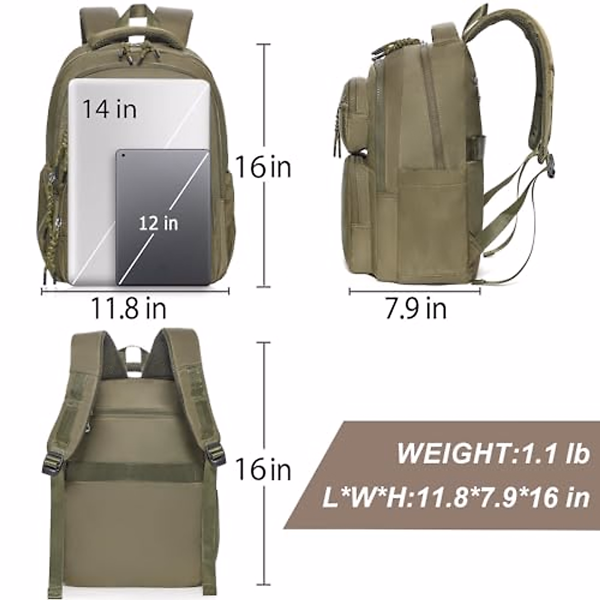 AUGUST 18 Casual Laptop Backpack, 14 inch Laptop Travel Backpack for Women, Water Resistant Casual Bag for Work Travel Commute, Army Green