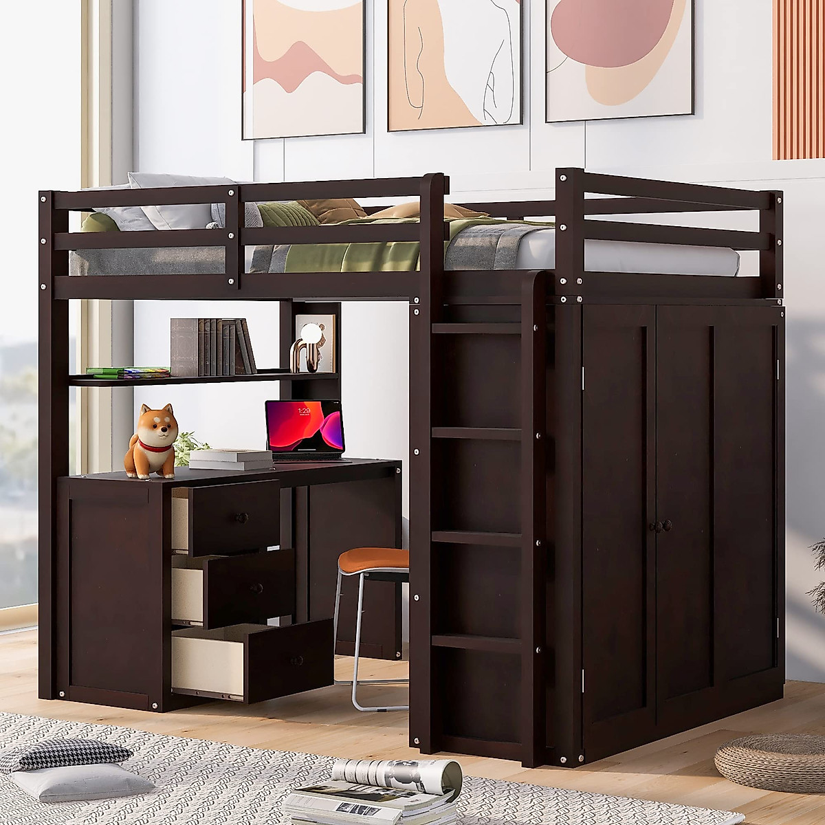Merax Loft Bed Full Size Adult, Wooden Frame with Desk and Storage, Space-Saving Design with Wardrobe & 3 Drawers, for Teen Girls & Boys(Espresso)