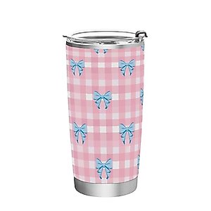 Pink Plaid Bow Stainless Steel coffee cups with lids with Straw Lid Camping Mug for camping simply flip straw tumbler 20 OZ