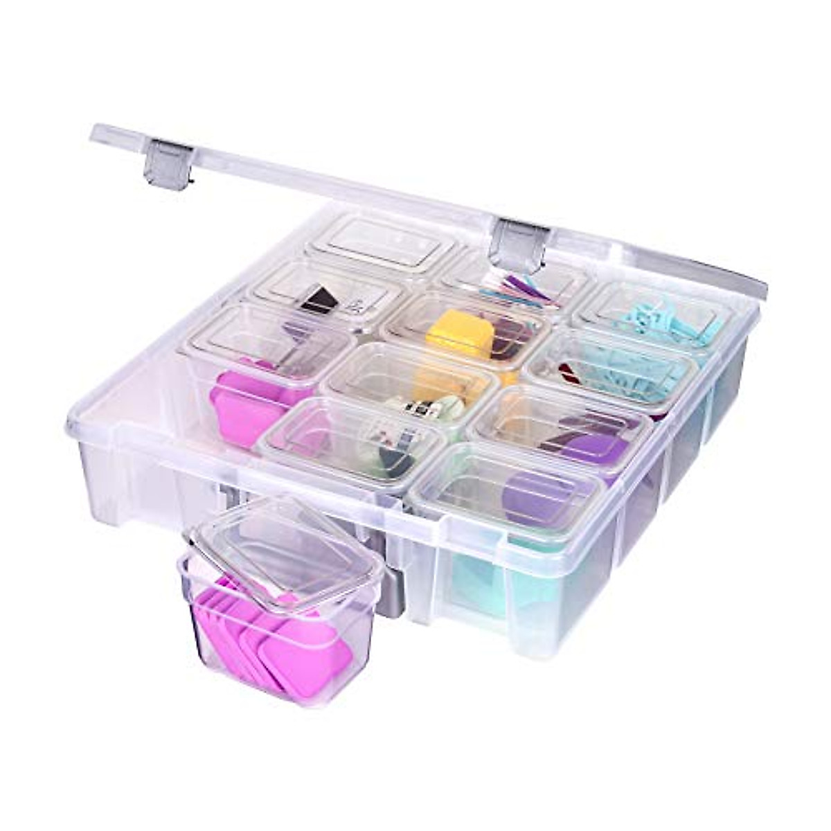 AB Designs 6965ABD Super Satchel with 9 Small Bins Inside, Stackable Home Storage Organization Container, Clear with Sliver Latches and Handle