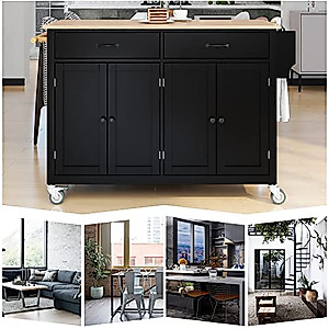 Origeture Large Kitchen Island with Storage, Mobile Kitchen Island Cart on Wheels with 2 Drawers and 2 Storage Cabinets, Solid Wood Countertop, Spice & Towel Racks, Adjustable Shelves, Black
