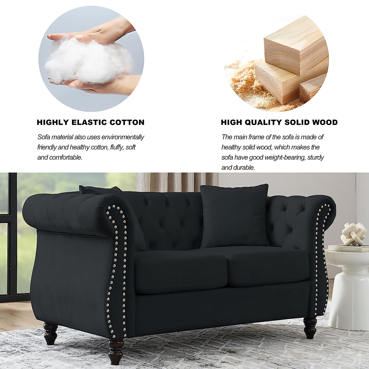 AZSJML 58.8" Chesterfield Loveseat Velvet Sofa for Living Room,Modern Upholstered 2-Seater Couch, Tufted Velvet Casual Sofa Rolled Arms and Nailhead with 2 Pillows for Bedroom, Office, Black