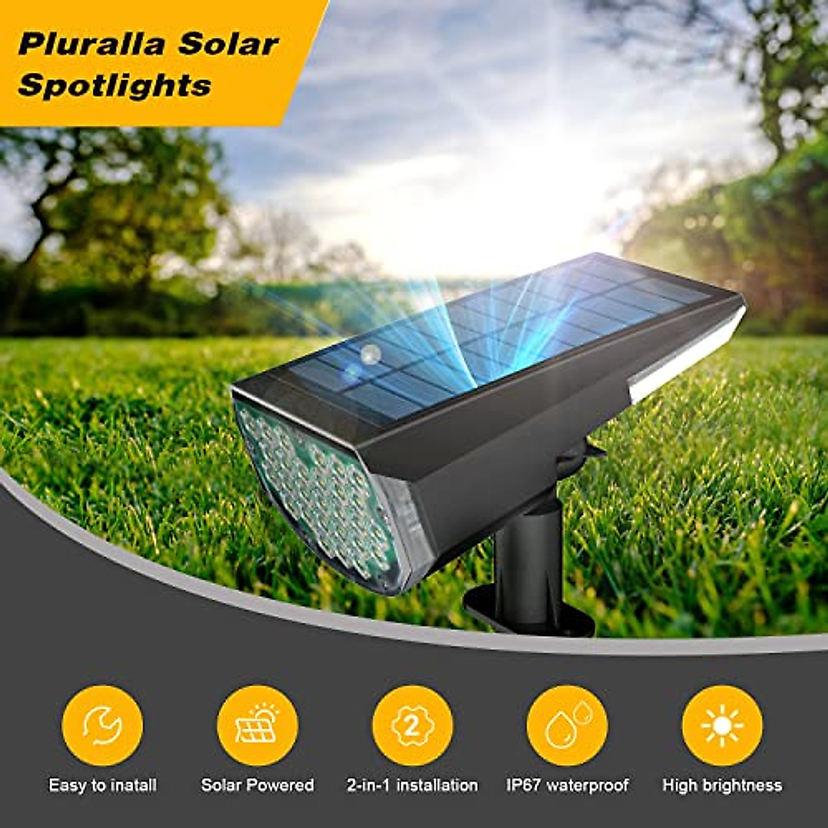 Pluralla Solar Spot Lights, Outdoor Landscape Lights, 28LED Waterproof Spotlights with 4 Lighting Modes, RGB Color Changing Tail Lights, Auto On/Off Solar Powered for Yard Landscape Lighting - 2 Pack