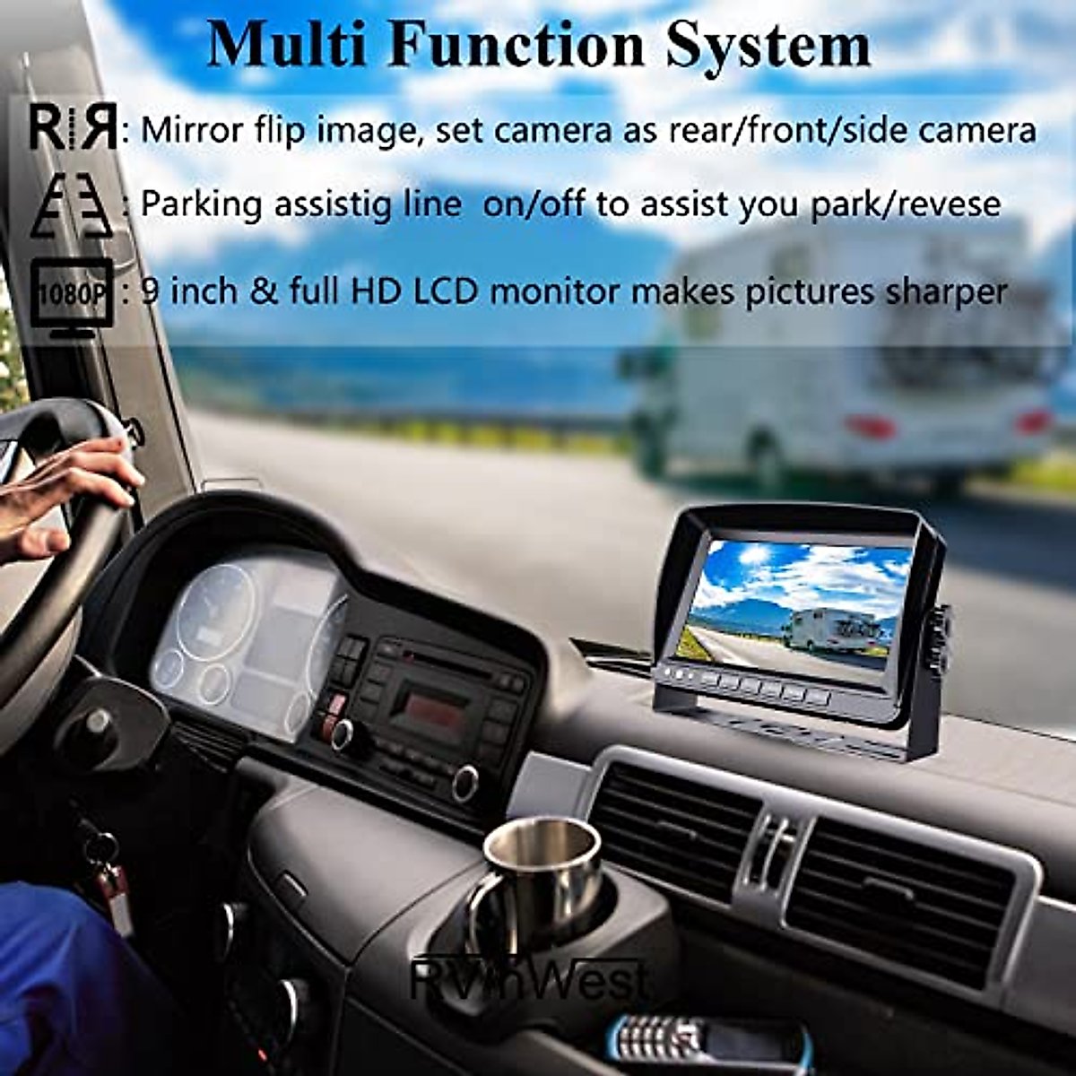 Backup Camera System with 9'' 1080P Monitor for RV Semi Box Truck Trailer Camper, 4 Split Screen Quad View HD DVR Record Monitor + IP69 Waterproof Night Vision Rear Side View Camera Avoid Blind Spot