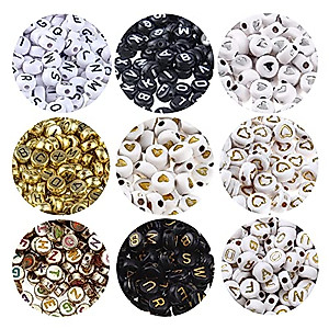 NHBT YU 100pcs 4x7mm Black White Gold Letter Beads for Jewelry Making Components Acrylic Alphabet Round Beads Bracelet Components DIY T87 (Color : White-Gold Love, Size : 100pcs)