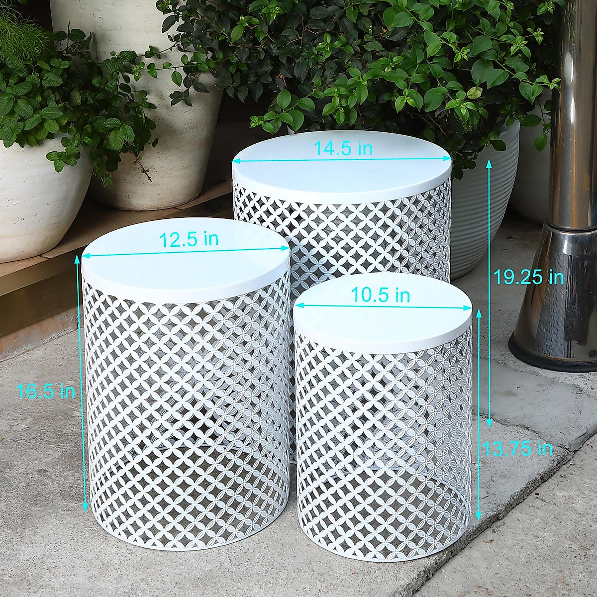 Menkxi Outdoor Side Table Set of 3 Heavy Duty Patio Nesting Table Round Metal Modern End Table Decorative Garden Stools Plant Stand for Indoor Living Room Porch Poolside Coffee Table(Cream White)