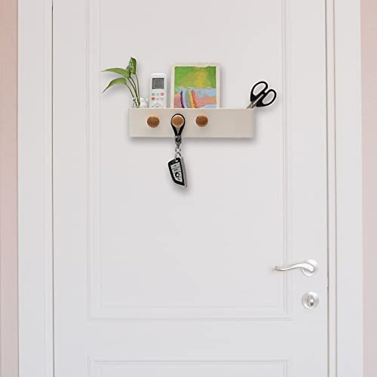 Bedside Floating Shelf with Wooden Hooks, Wall Adhesive Shelf in Bedroom, Bathroom, Dorm, Storage Organizer for Phone, Glasses, Tv Remote, Keys, Headphones (White)