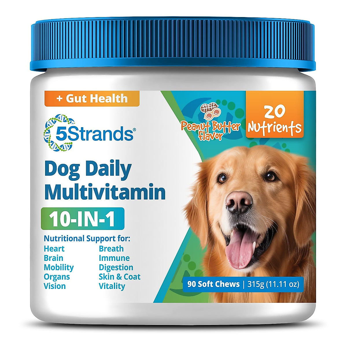 5Strands Dog Multivitamin Chews, 10-in-1, Vitamins & Postbiotics, All Ages & Breeds - Digestion, Brain, Organs, Heart, Mobility, Vision, Skin & Coat, Immunity - Dog Supplement (Peanut Butter, 90ct)