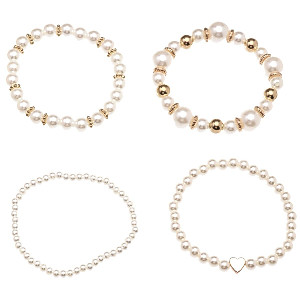 Caiyao Temperament Fashion Imitated Pearl Stackable Layered Bracelets Statement Big Large Faux Pearl Bead Heart Bangle White Round Pearl Seed Bracelets for Women Jewelry-4Pcs
