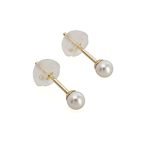 14K Solid Yellow Gold 3mm X-Small Tiny Swarovski Crystal White Pearl Stud Short Post Earrings for Girl Women