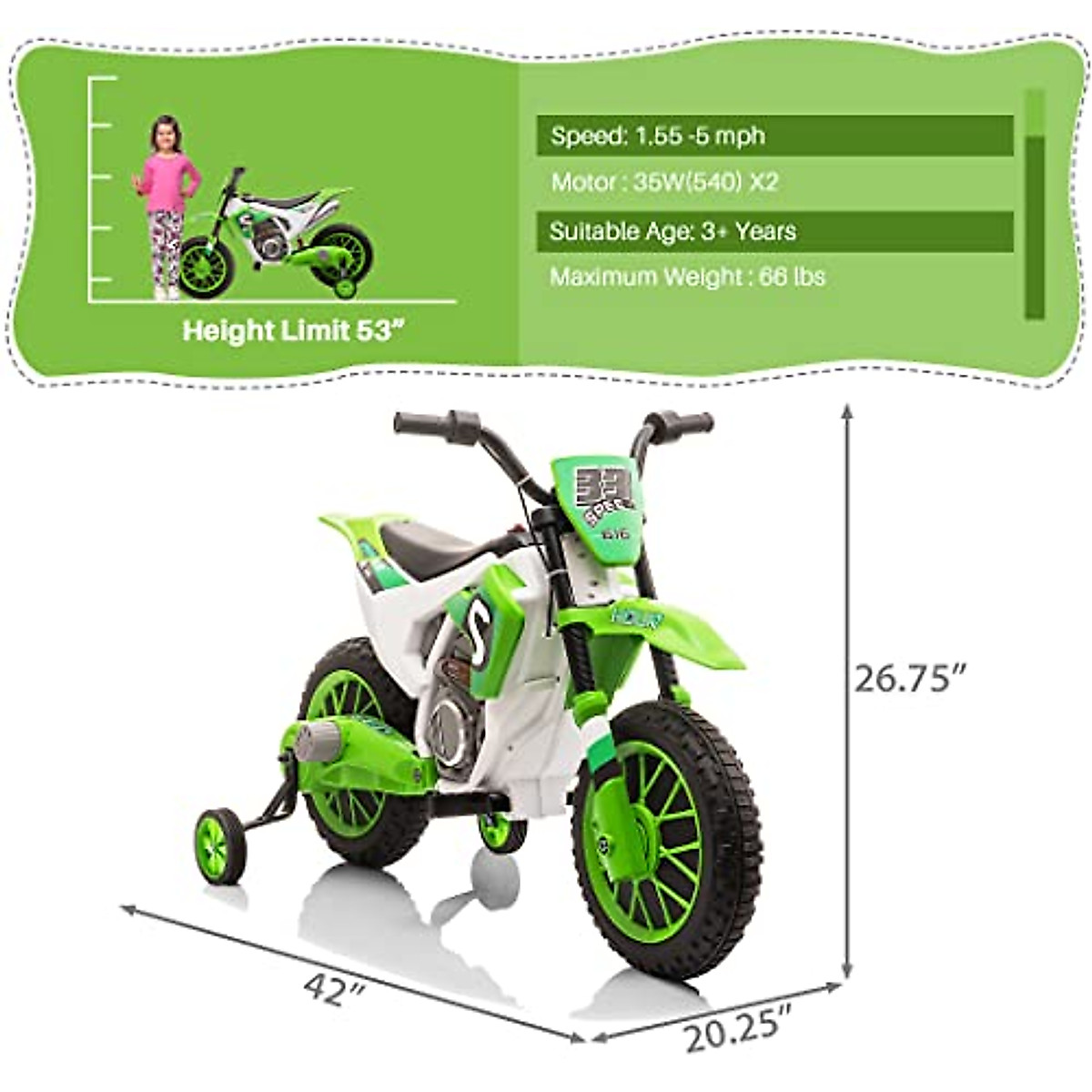 TOBBI Electric Motorcycle for Kids 12V Dirt Bike Ride on Toy Battery Powered Motorbike Off-Road Motocross Kid Motorized Vehicles w/ 2 Speeds, 35W Dual Motors, Training Wheels, Green