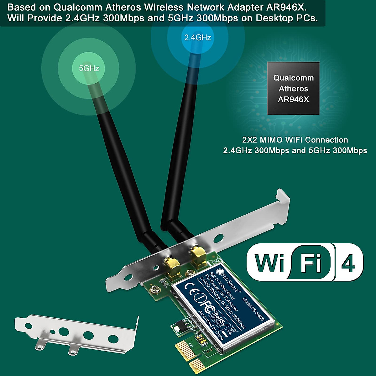FebSmart Wireless N Dual Band 600Mbps (2.4GHz 300Mbps or 5GHz 300Mbps) PCIE WiFi Adapter for Windows 11, 10, 8.x, 7, XP (32/64bit) and Windows Server Desktop PCs, 2X2 MIMO PCIE WiFi Card (FS-N600)