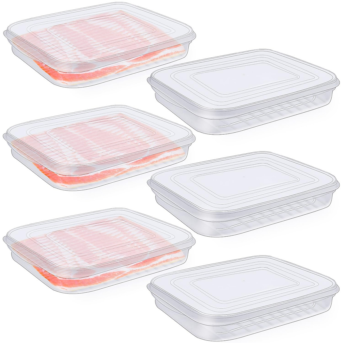 Haawooky 6 Pieces Bacon Keeper,Plastic Deli Meat Saver Container with Lids,Airtight Cold Cuts Cheese Container for Fridge Food Refrigerator Storage Box Shallow Low Christmas Cookie Holder