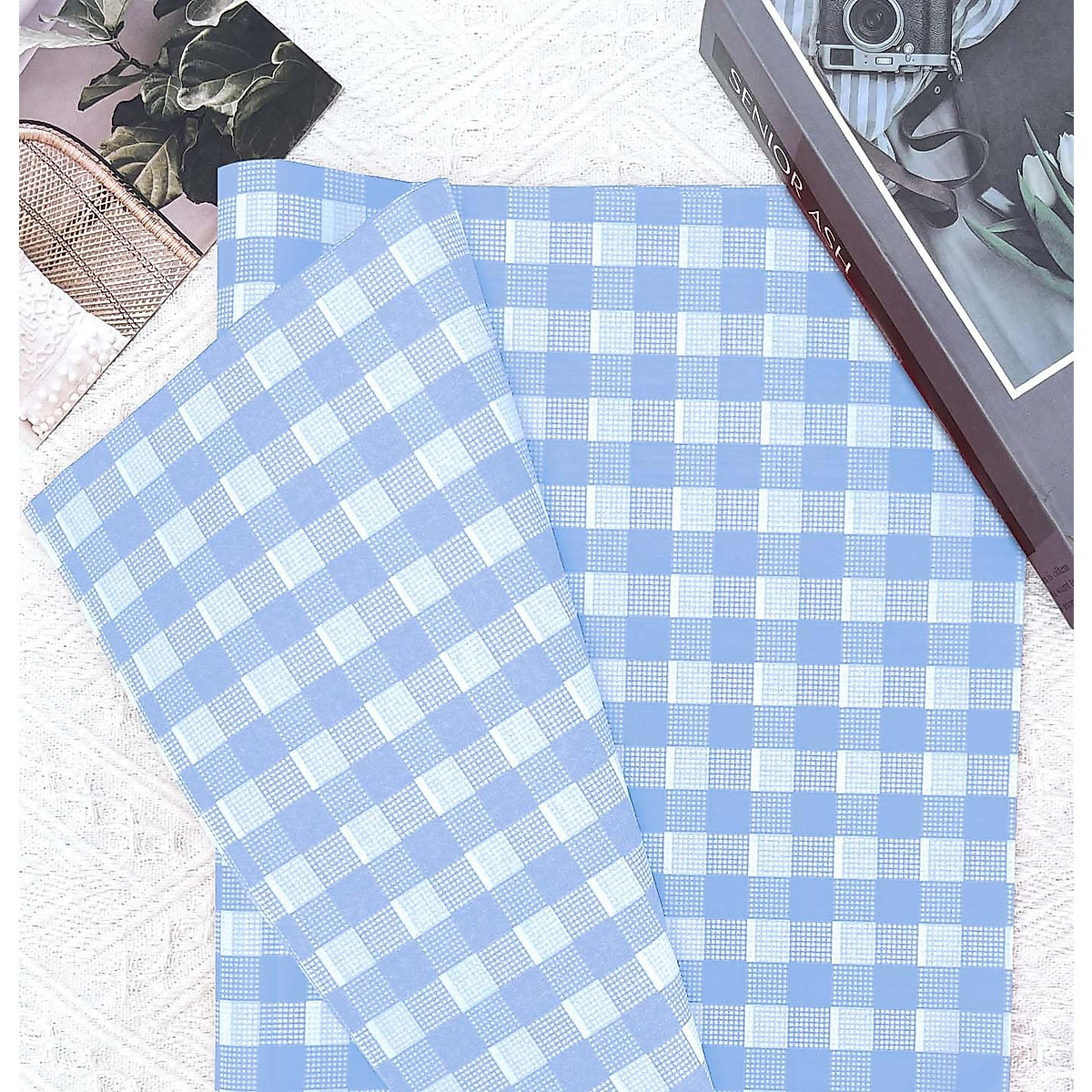 MUNILAIL 100 Sheets Gingham Tissue Paper 14 x 20 Inches Light Blue and White Checkered Tissue Paper for Gift Bags Bulk Wrapping Paper Gift Paper Tissue for Birthday Gift Packing Crafts