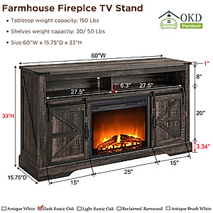 OKD Fireplace TV Stand for 65+ Inch TV, 33" Tall Highboy Farmhouse Entertainment Center w/ 23'' Electric Fireplace, Rustic Media Console w/Sliding Barn Door for Living Room, Dark Rustic Oak