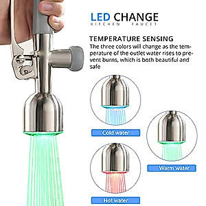 Fapully Commercial Single Handle Pull Down Sprayer Brushed Nickel Kitchen Faucet, Kitchen Sink Faucet with LED Light
