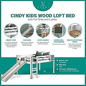 Naomi Home Cindy Kids Loft Bed with Slide, Twin Loft Bed with Slide, Toddler Loft Bed with Slide, Loft Bed Slide with Ladder, Chalkboard, Pine Wood Space Saving Kids Bed Frame for Boys, Girls, White