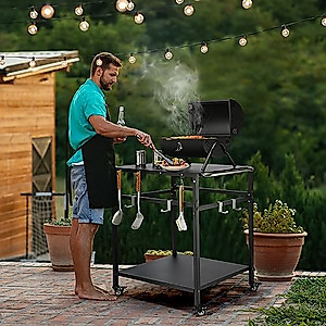 Outdoor Grill Table with Storage for Patio,Double-Shelf Movable Kitchen Cart Island Table on Wheels,20" x 30" Multifunctional Commercial Kitchen BBQ Food Prep Worktable for Grill (Double Layer Black)