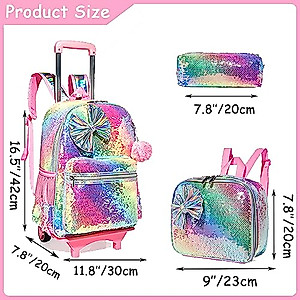 Oruiji Sequin Rolling Backpack for Girls Backpack with Wheels Bowknot Backpack and Lunch Bag Set for Girls Trolley Wheeled Luggage for Elementary Students