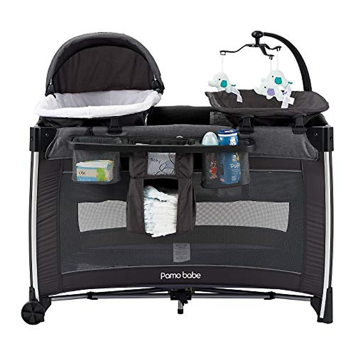 Pamo Babe 4 in 1 Portable Baby Nursery Center Baby Playard, Foldable Playpen with Bassinet, Baby Travel Crib with Changing Table(Grey)