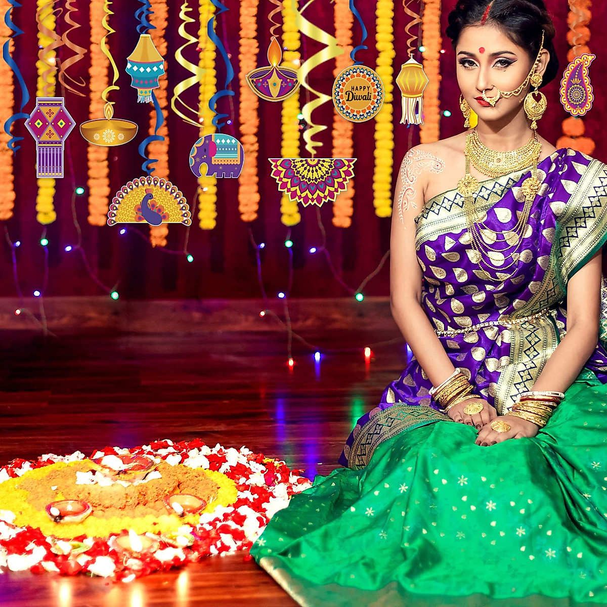 50Pcs Diwali Hanging Swirls Party Decoration Supplies Happy Deepavali Themed Hanging Swirls Kit of India Light Festival