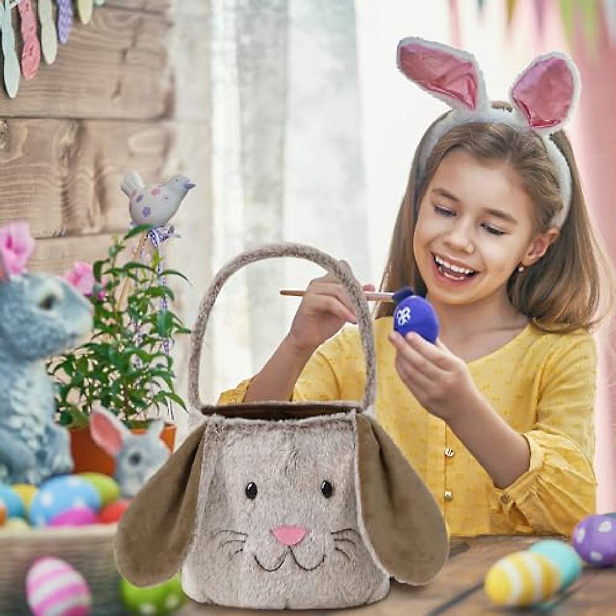 THOVSMOON Easter Bunny Basket,Cute Easter Bucket Bags with Rabbit Ears for Easter Eggs Hunting,Easter Decorations,Candy Gifts Storage (Brown/White)