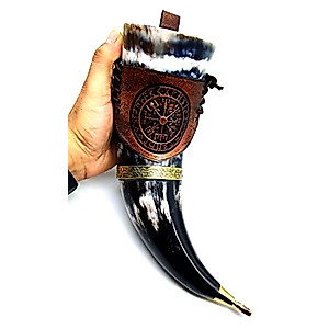 Beer horn mug Game of thrones Brass adorned vikings horn Medieval Drinking Horn with attractive leather belt (HBM-580)
