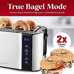 Elite Gourmet ECT5322 Long Slot 4 Slice Toaster, Countdown Timer, Bagel Function, 6 Toast Setting, Defrost, Cancel Function, Built-in Warming Rack, Extra Wide Slots for Bagels Waffles, Stainless Steel