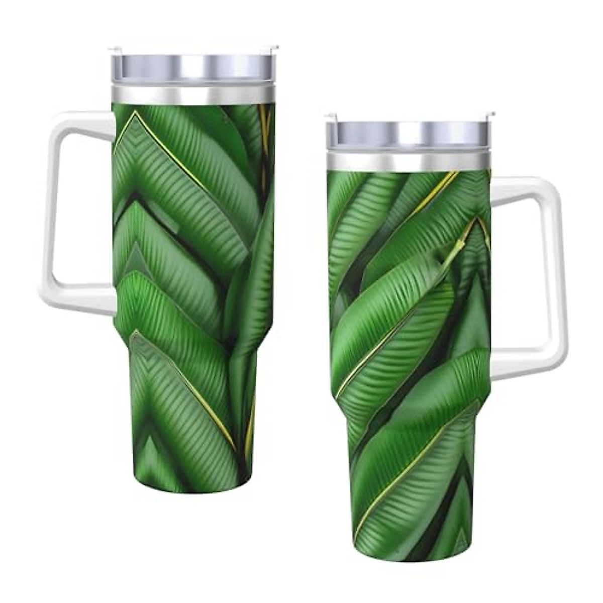 HULIBIN Banana Leaf Green Print Double Deck Stainless Steel Travel Coffee Cup With Lid 40 Oz Ice Bully Cup