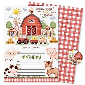 AnyDesign Farm Barnyard Birthday Party Invitations with Stickers Envelopes Red Buffalo Plaids Animal Pig Cow Party Invitation Paper Cards for Birthday Invites Party Supplies, 20 Sets, 5 x 7 Inch