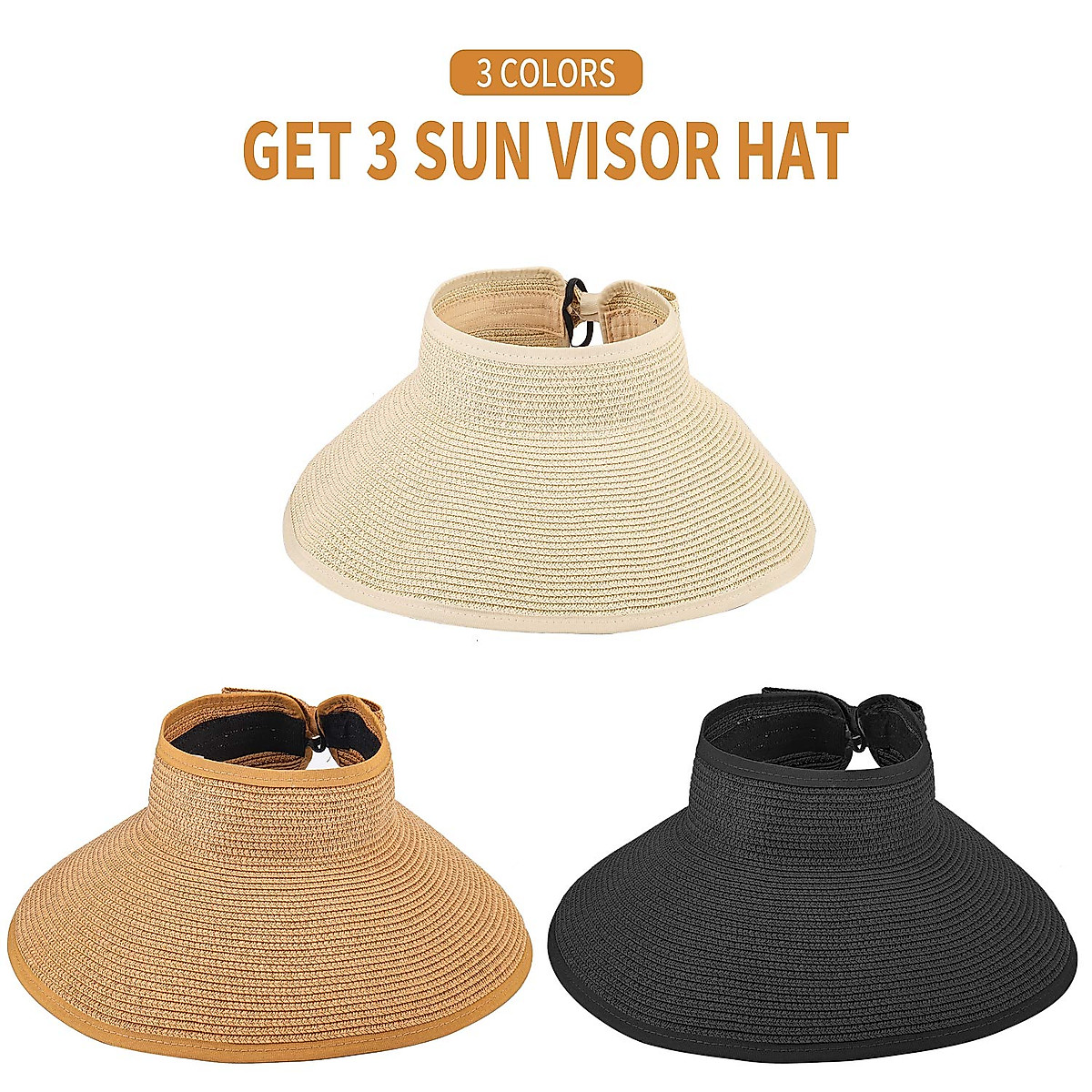 MEINICY 3PCS Foldable Straw Sun Visor Hats for Women, Wide Brim Ponytail Summer Beach Hat, Protect Your Skin Easily (Nature+Black+Beige 3PCS)…