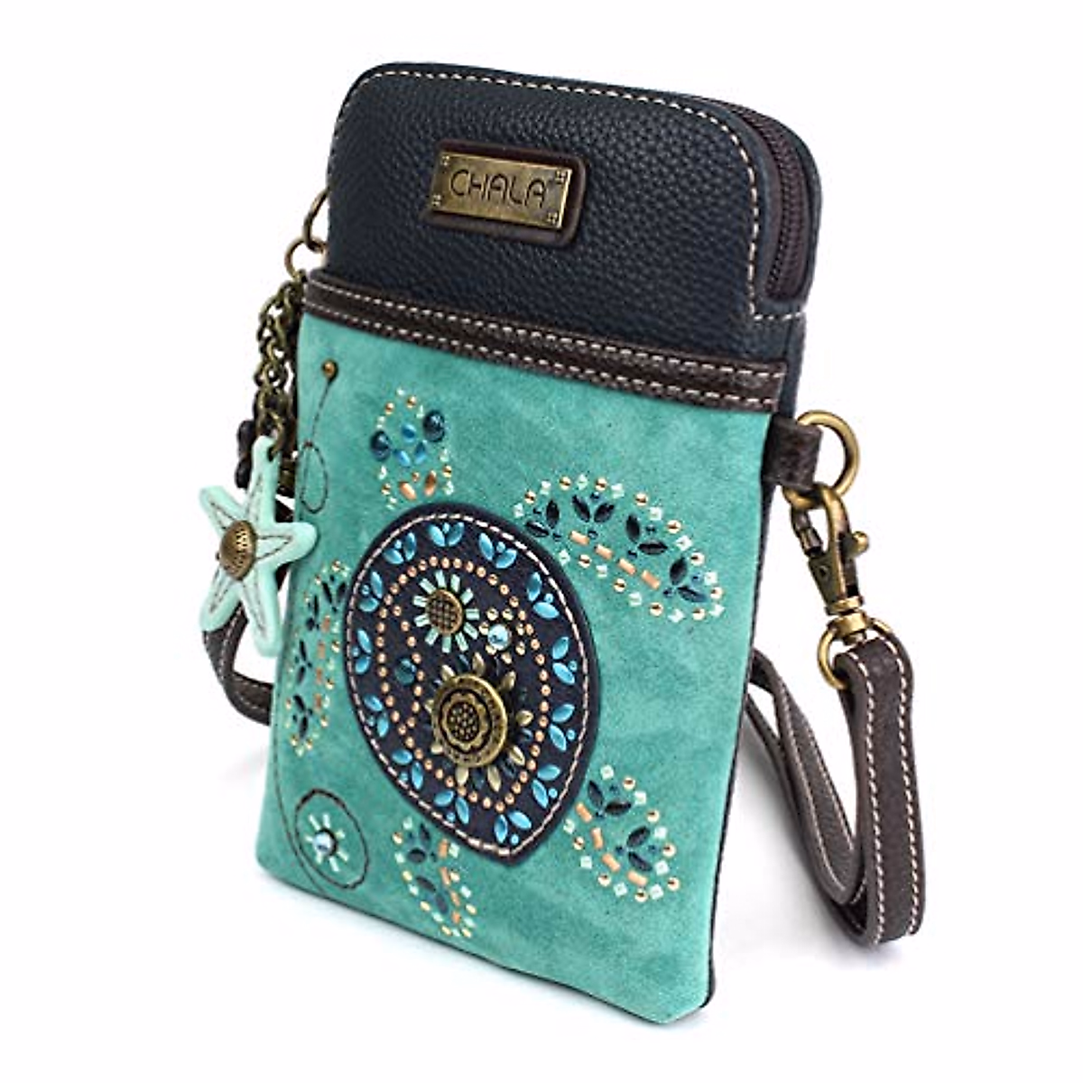 Chala Dazzled Crossbody Cell Phone Purse - Women Faux Leather Multicolor Handbag with Adjustable Strap - Turtle Turquoise