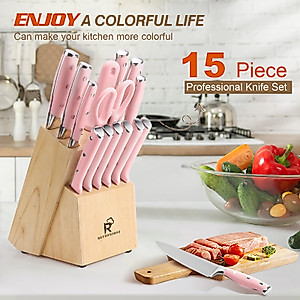 Pink Knife Set,15 Pieces Professional Kitchen Knife Set with Universal Knife Block, Super Sharp Knife Set with Ergonomic Handle Non-stick Stainless Steel Knife Block Set (Pink-15 Pieces)