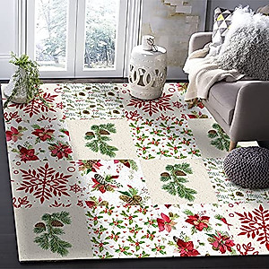 Indoor Area Rug - Welcome Mat Living Room Area Rugs Washable Non-Slip Floor Carpet for Bedroom Farmhouse Dorm (Farmhouse Christmas Snowflake Pine Needle Poinsettia, 2'x3')