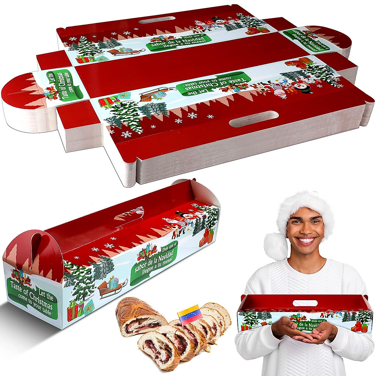 Cholemy Christmas Ham Bread Box Container 18" x 4.75" x 3" Paperboard Baking Bread Bags Non Window Bakery Bag for Holiday Packaging Gift Giving with Handle(50 Pcs)