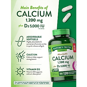 Absorbable Calcium 1200 mg with Vitamin D3 5000 IU | 120 Softgels | Calcium Carbonate Supplement | Non-GMO Gluten Free | by Nature's Truth