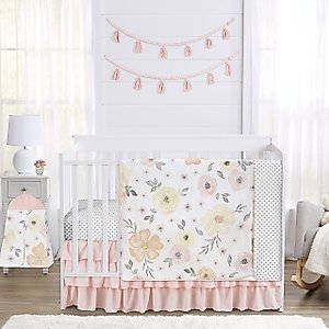 Sweet Jojo Designs Yellow and Pink Watercolor Floral Baby Girl Nursery Crib Bedding Set - 4 pieces - Blush Peach Orange Cream Grey and White Shabby Chic Rose Flower Farmhouse Polka Dot