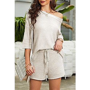 Mafulus Women's 2 Piece Outfits Sweater Sets Off Shoulder Knit Top Shorts Matching Suits Cute Pajama Lounge Set