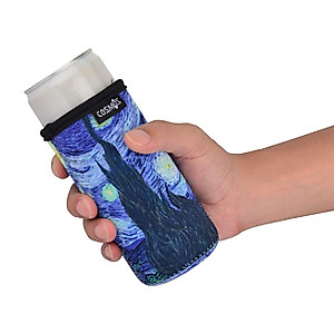 CM Soft Neoprene Slim Can Sleeves Insulators Slim Can Covers with Van Gogh Painting The Starry Night Sunflowers Painting Pattern for 12 Fluid Ounce Energy Drink & Beer Cans